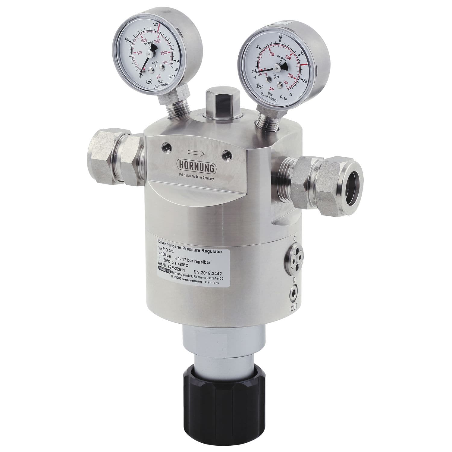 Hydrogen pressure regulator - PIDH 1 - Hornung GmbH - diaphragm / spring / dome-loaded