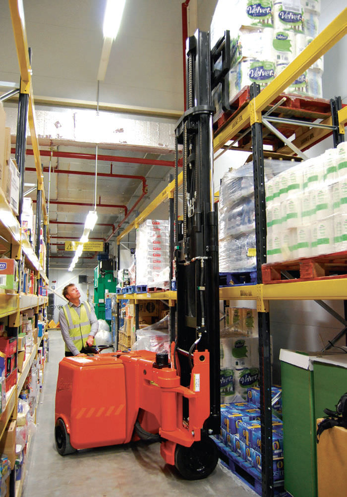 Electric forklift / walk-behind / for very narrow aisles / handling ...