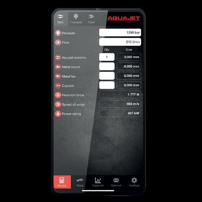 Calculation mobile app - Aquajet Systems AB - fluid flow / pump / automated
