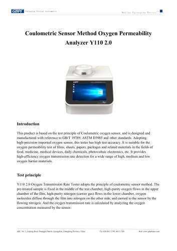 Y110 2.0 Coulometric Sensor Method Oxygen Permeability Analyzer A0 ...